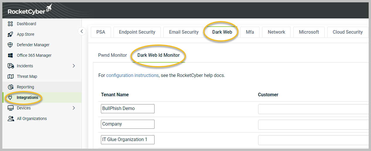 Configuring RocketCyber integration with Dark Web ID