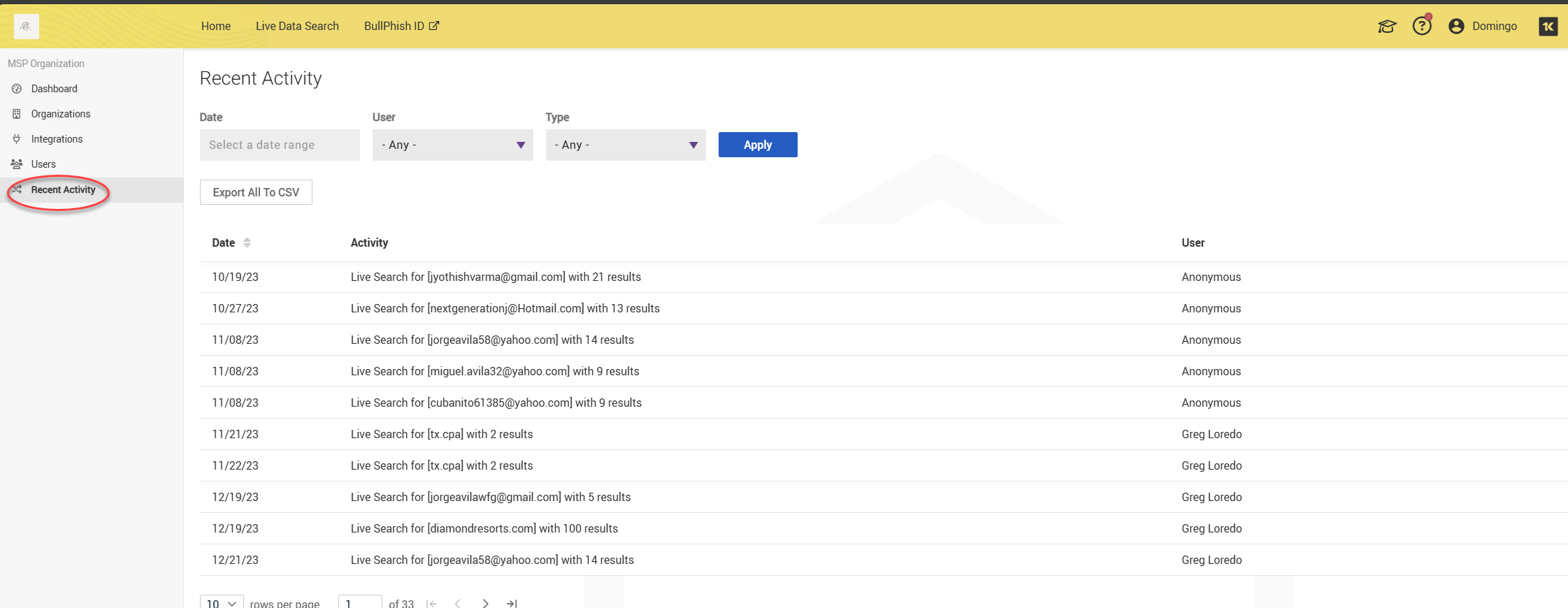 Exploring the Recent Activity page