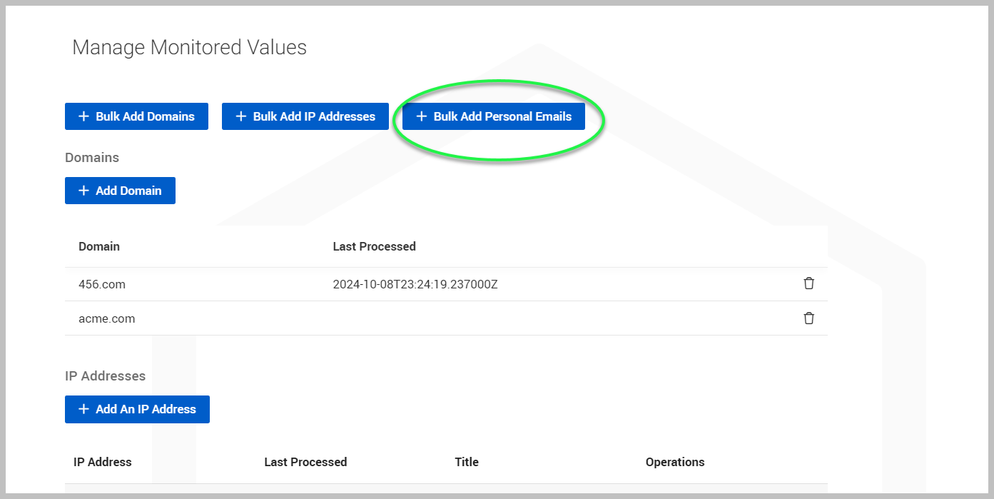 Adding domains, IPs, and personal emails for monitoring