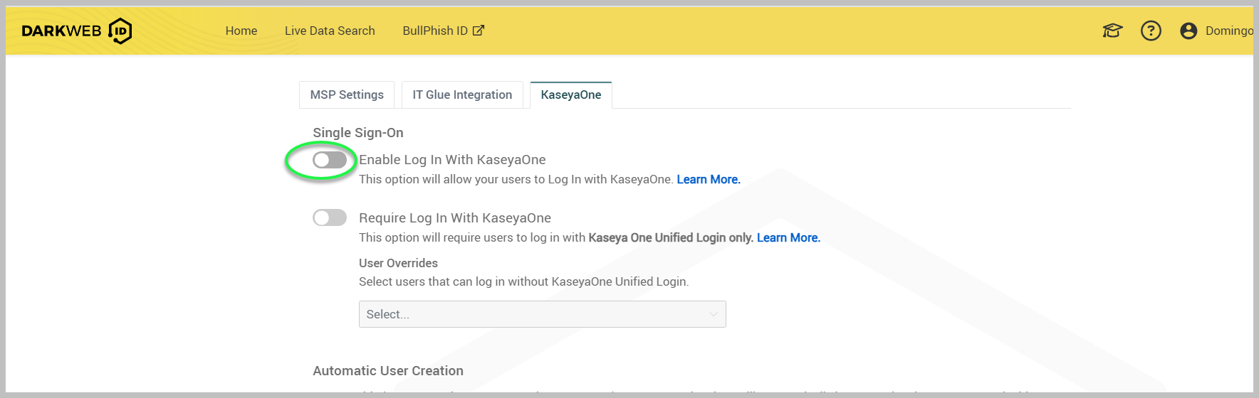 Enabling login with KaseyaOne
